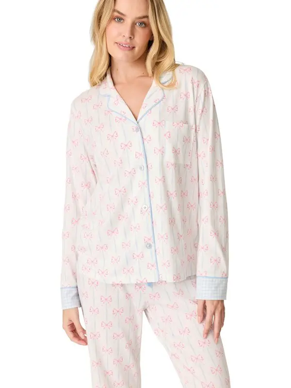 PJ Salvage Cotton Modal Jersey Bow Print Pajama Shirt - Multi