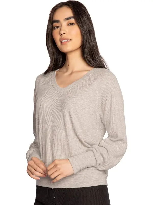 PJ Salvage Textured Ribbed V-neck Long Sleeve Henley Top - One-color