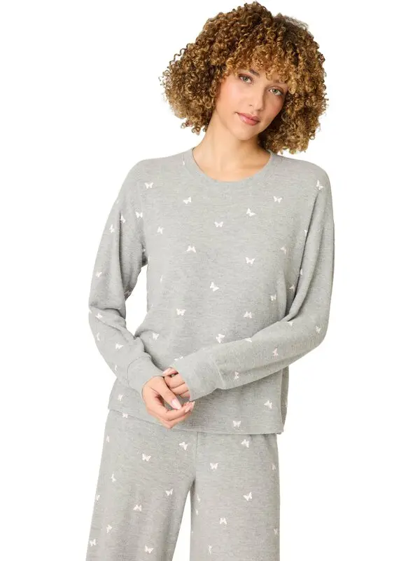 PJ Salvage Heather Grey Butterfly Print Crewneck Top - H Grey