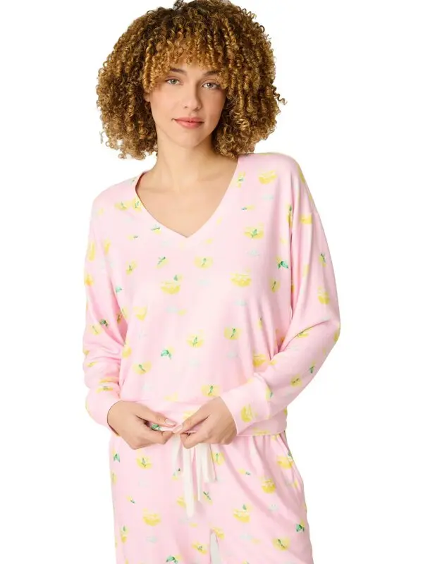 PJ Salvage Long Sleeve V-neck Top With Citrus Print - Pastel Pink