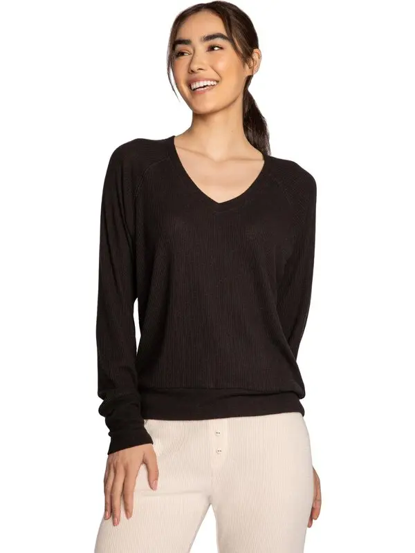 PJ Salvage Textured Ribbed V-neck Long Sleeve Top - One-color