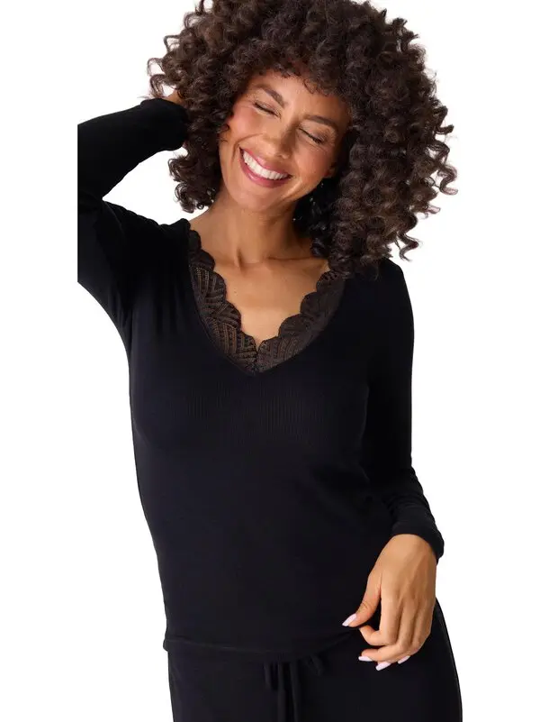 PJ Salvage Lacey Basics Long Sleeve Top With Lace Inset - One-color