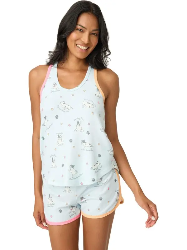 PJ Salvage Racerback Tank And Shorts Set With Dog Print - Blue Mist
