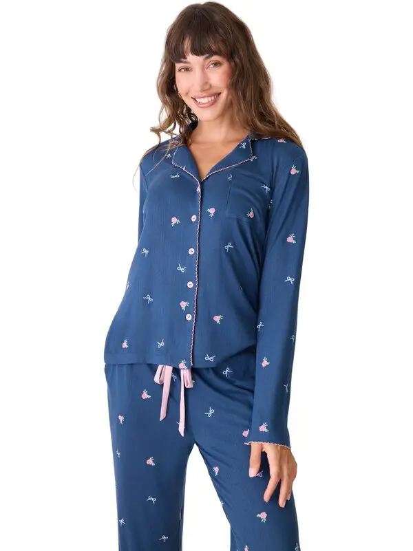 PJ Salvage Embroidered Long Sleeve Notch Collar Top - Navy