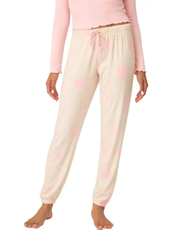 PJ Salvage Leopard & Star Print Pointelle Banded Lounge Pants - Oatmeal