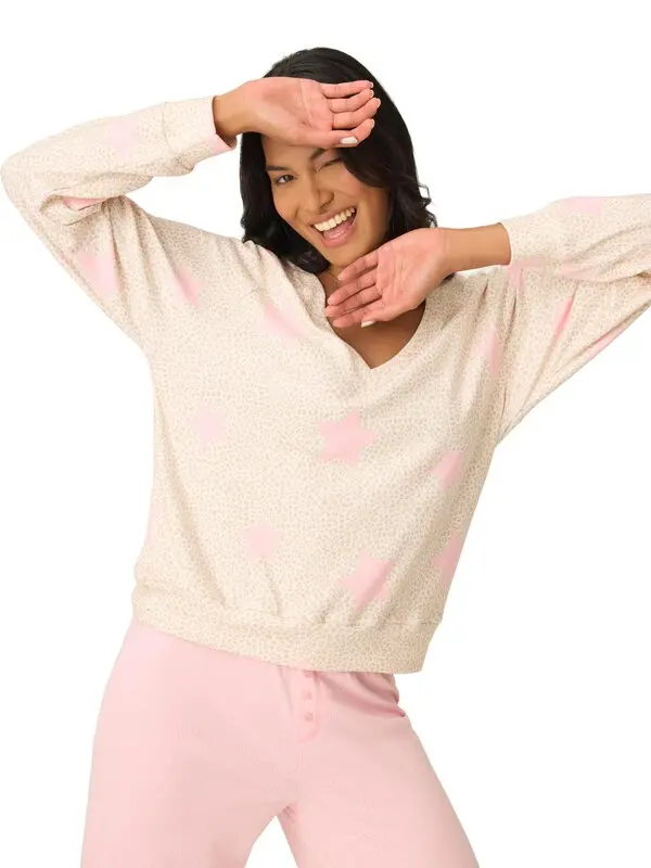 PJ Salvage Leopard & Star Print V-neck Long Sleeve Top - Oatmeal