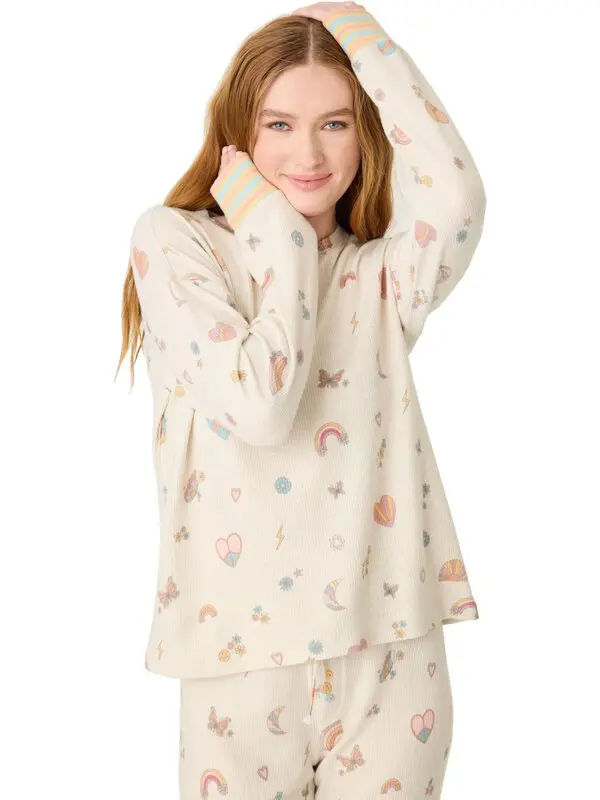 PJ Salvage Tattoo Print Lounge Top With Striped Cuffs - Light Oatmeal