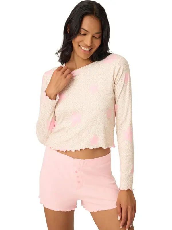 PJ Salvage Stay Wild Leopard & Star Print Pointelle Fitted Long Sleeve Top - Oatmeal