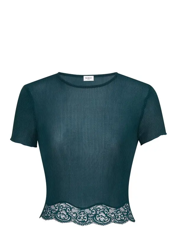 Saint Laurent Ribbed Silk T-shirt With Lace Trim - Vert Iraty