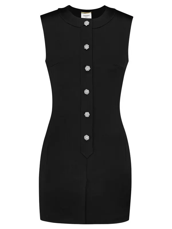 Saint Laurent Brocade Mini Dress With Crystal Buttons - Noir