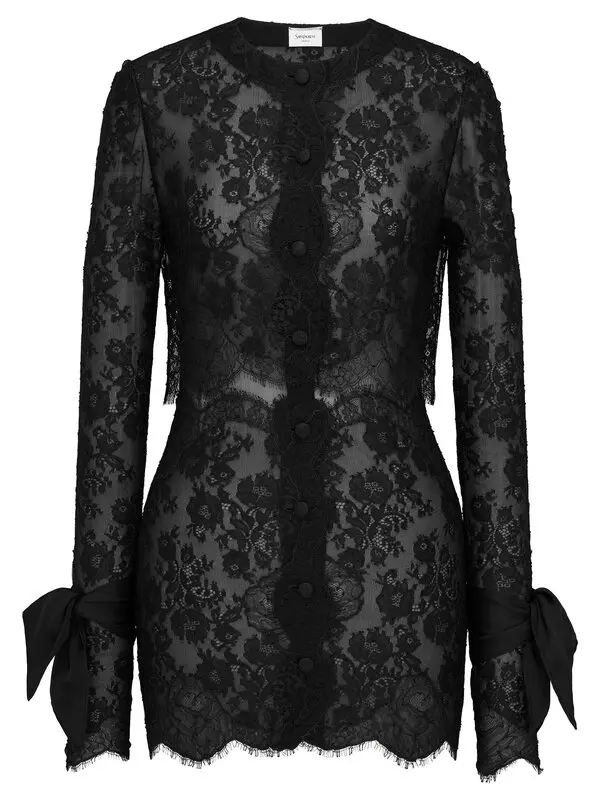 Saint Laurent Lavallière-cuff Mini Dress In Silk Lace - Noir