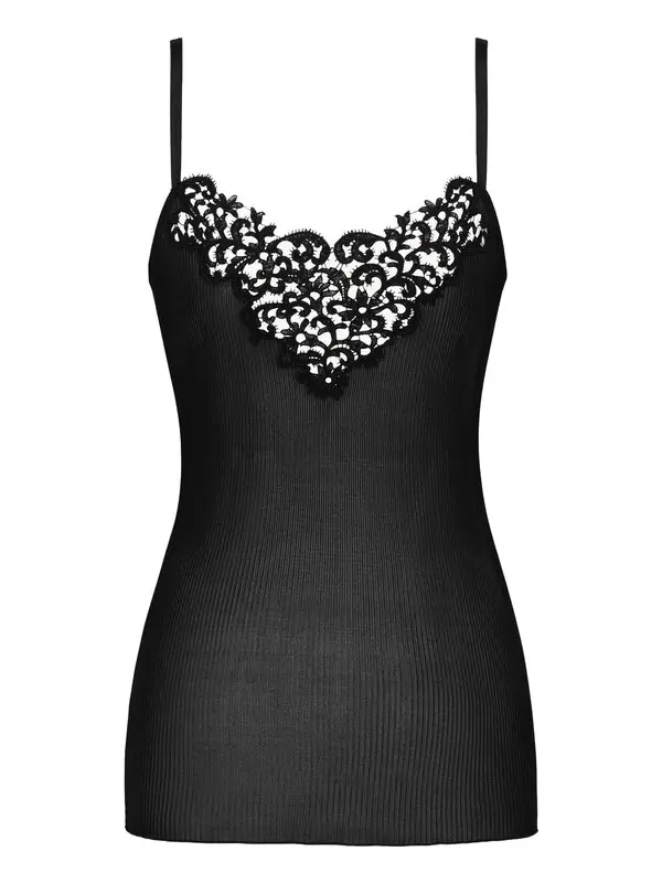 Saint Laurent Ribbed Silk Guipure Trim Tank Top - Noir