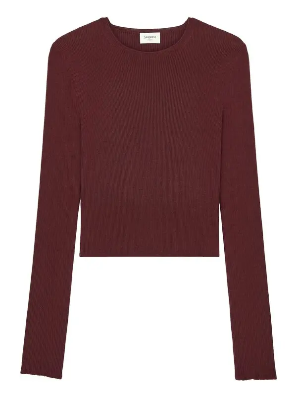 Saint Laurent Ribbed Cashmere, Wool, And Silk Crewneck Top With Frilled Cuffs - Auburn
