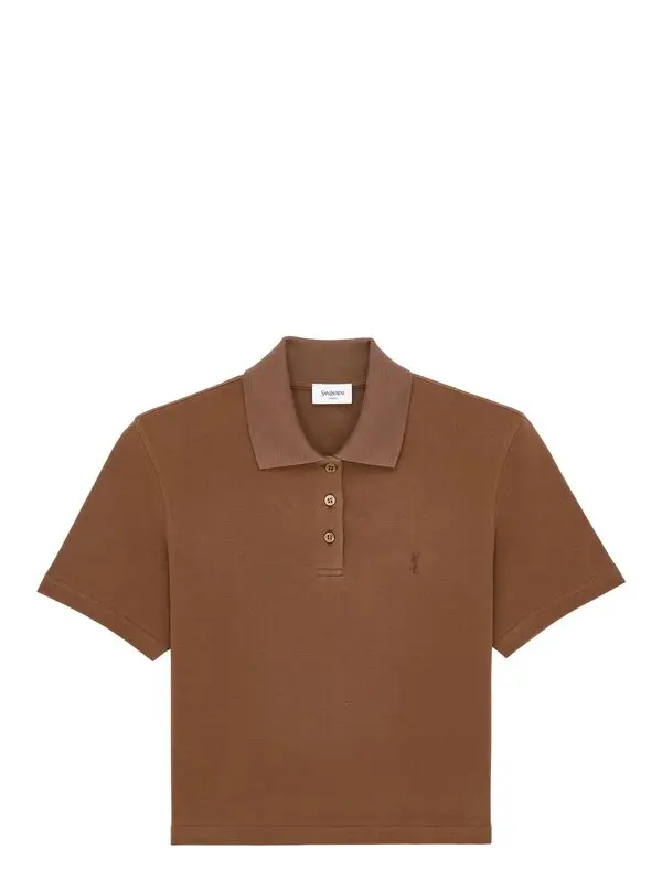 Saint Laurent Cassandre Cropped Polo Shirt In Cotton Piqu - Caramel