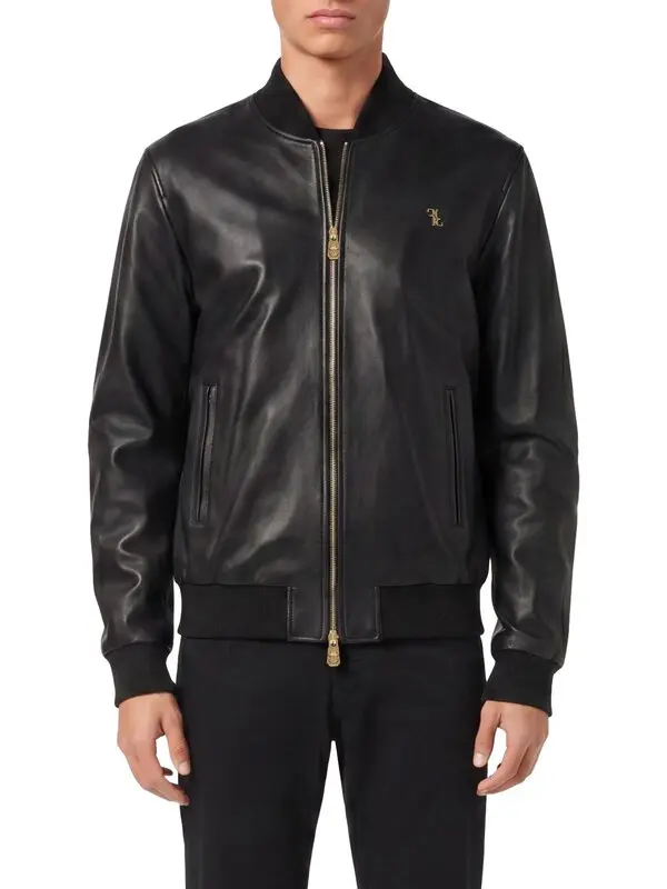 BILLIONAIRE Leather Bomber Jacket - Black