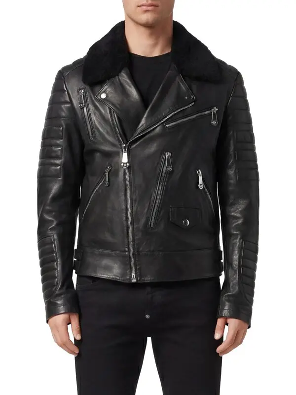 Philipp Plein Leather Biker Jacket With Fur Collar - Black