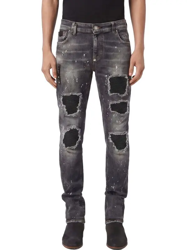 Philipp Plein Distressed Moto Jeans - Grey
