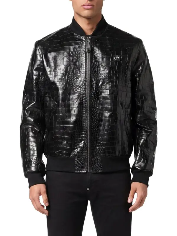Philipp Plein Crocodile Print Leather Bomber Jacket - Black