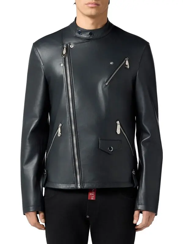 Philipp Plein Leather Biker Jacket - Black