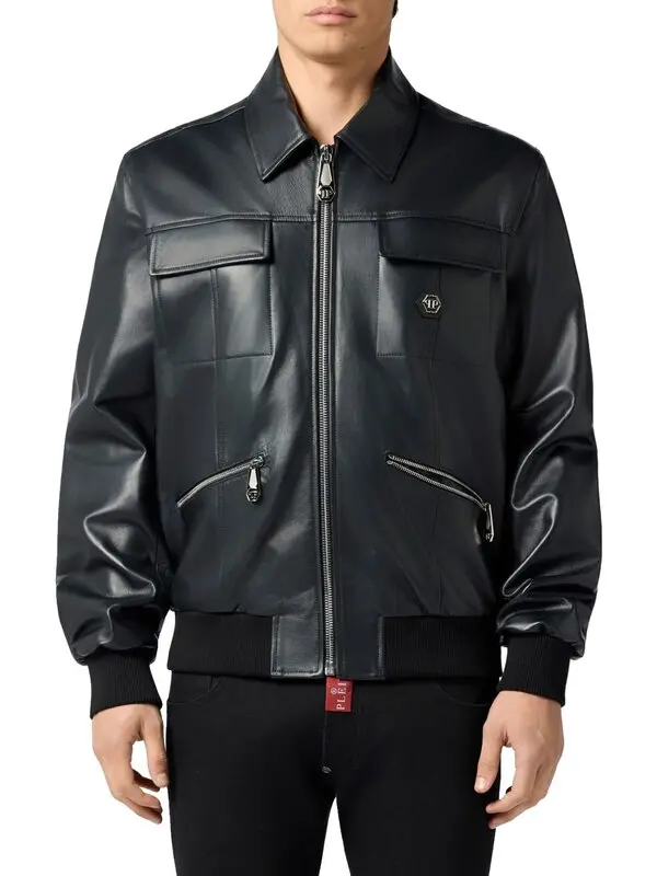 Philipp Plein Leather Bomber Jacket - Black