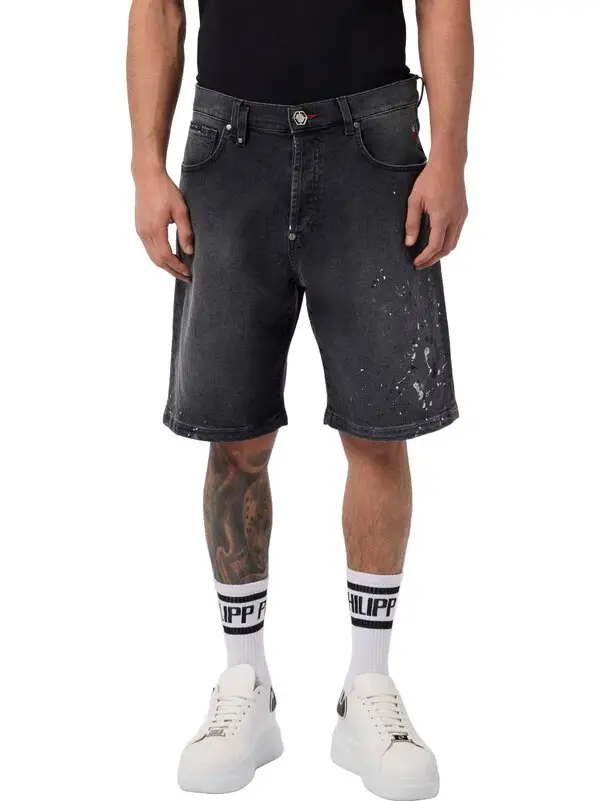 Philipp Plein Distressed Shorts With Paint Splatter - Black
