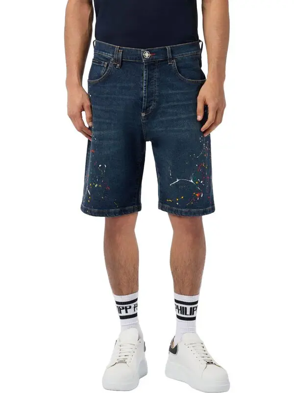 Philipp Plein Distressed Shorts With Paint Splatter - Blue