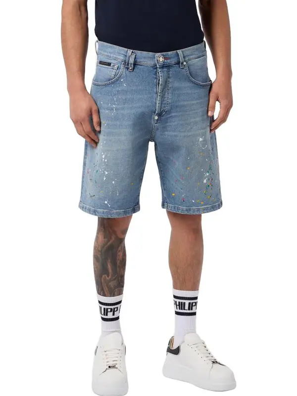 Philipp Plein Distressed Shorts With Paint Splatter - Denim