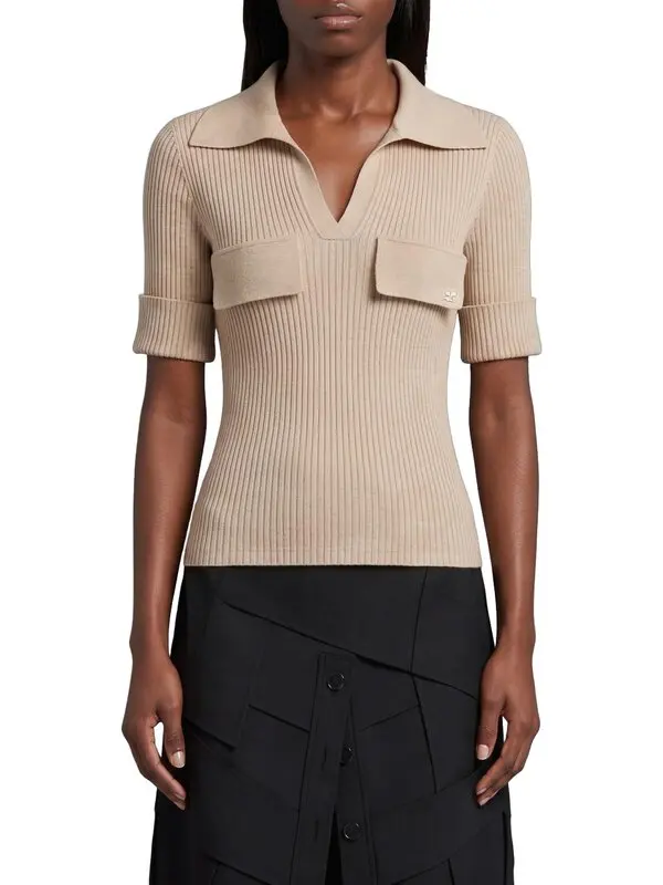 COURREGES Ribbed Knit Polo Shirt - Beige