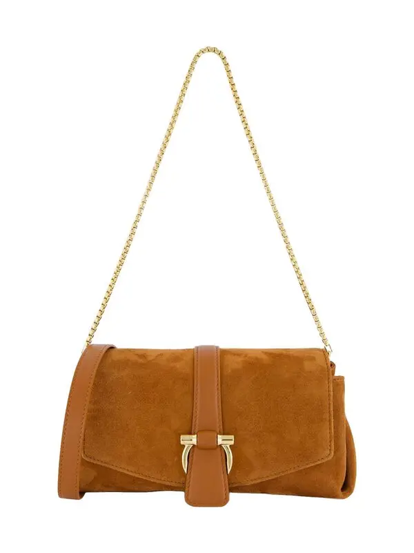 FERRAGAMO Suede Calfskin Crossbody Bag With Gancini Flap Closure - Brown