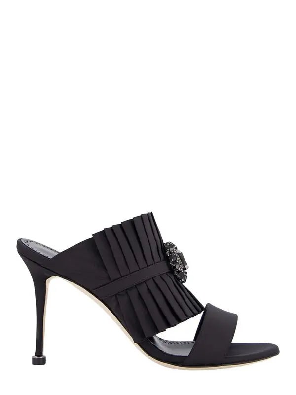 Manolo Blahnik Danteuil Pleated Silk Mules With Crystal Embellishment - Black
