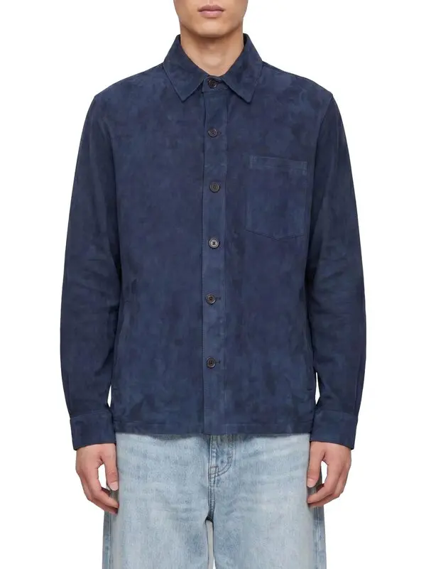 ARMA Suede Leather Shirt With French Collar And Patch Pockets - Blue