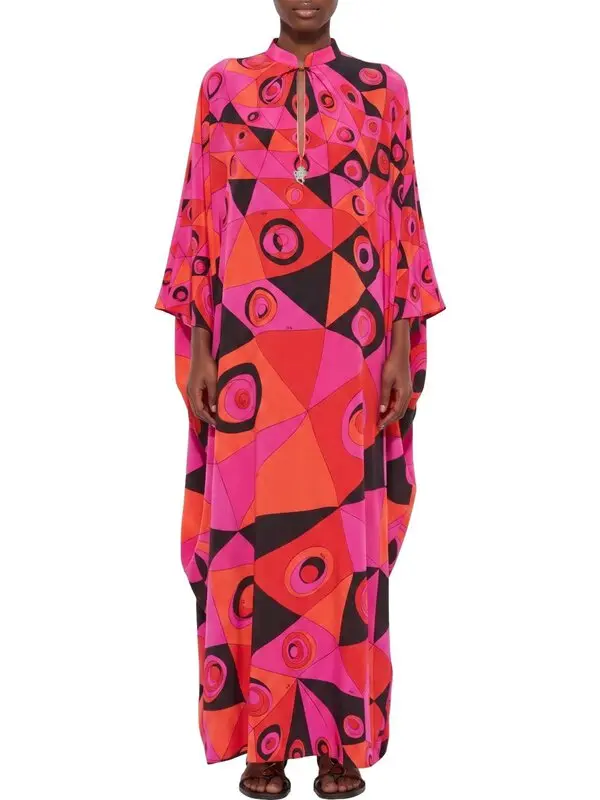 Emilio Pucci Long Silk Kaftan With Geometric Print And Mandarin Collar - Fuchsia