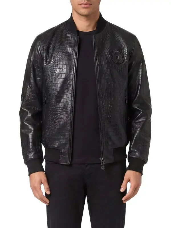 BILLIONAIRE Leather Bomber Jacket - Black