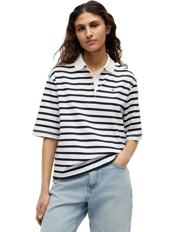 Tommy Hilfiger Striped Cotton Interlock Polo - Navy Blue / Ecru Stripe