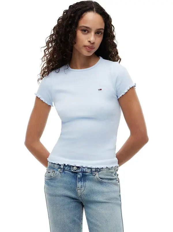 Tommy Hilfiger Ribbed Lettuce-trim T-shirt - Light Blue