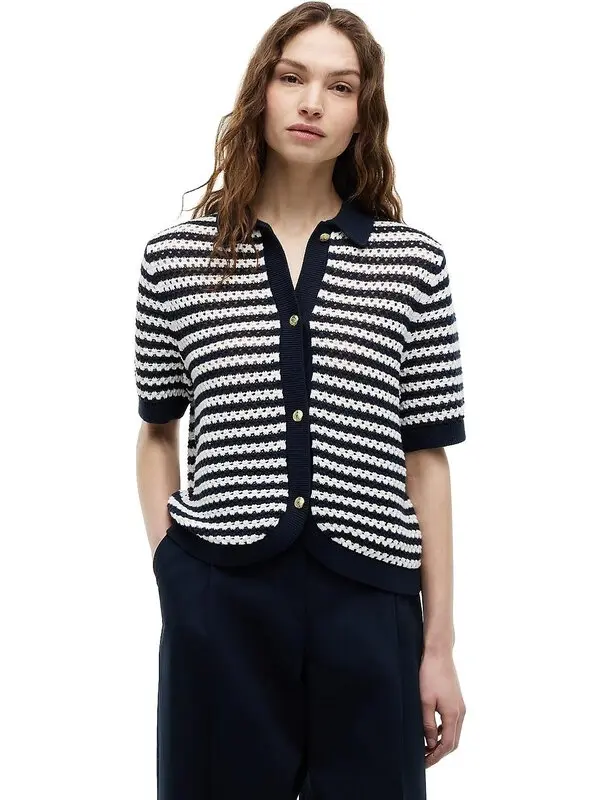 Tommy Hilfiger Short-sleeve Striped Crochet Cardigan - Navy Blue / Ecru Stripe