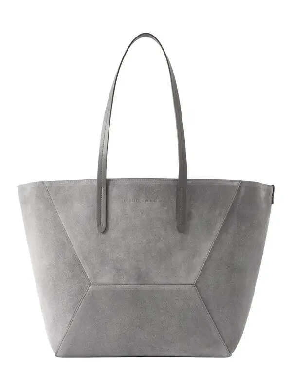 Brunello Cucinelli Suede Maxi Tote With Monili Embroidery - Gray