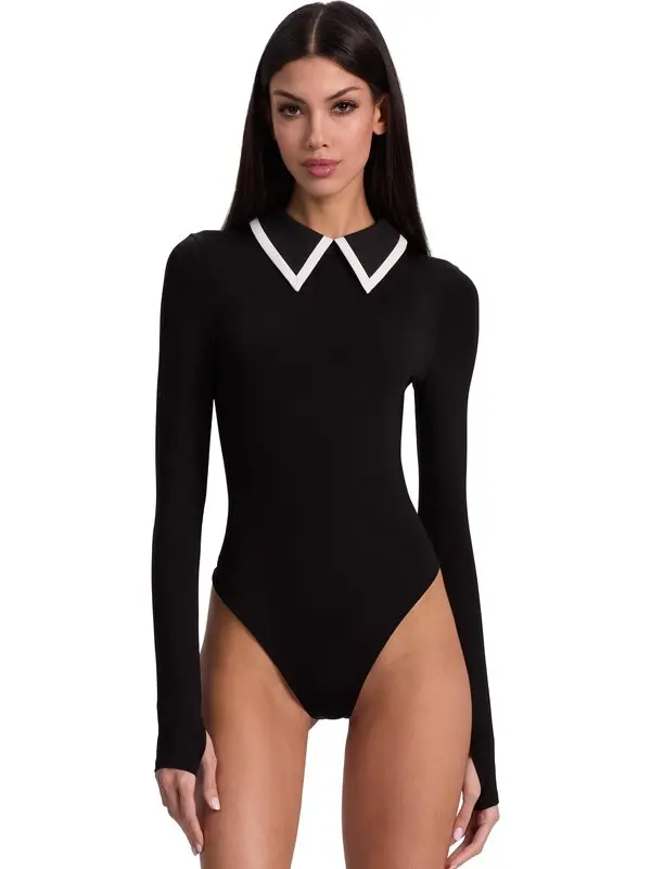 Alice + Olivia Long Sleeve Polo Bodysuit - Black