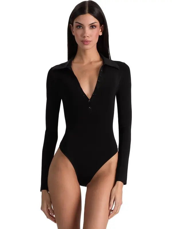 Alice + Olivia Keenan Long Sleeve Polo Bodysuit - Black
