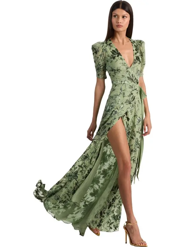 Alice + Olivia Tiana Silk Burnout Maxi Dress - Mystic Garden Sage