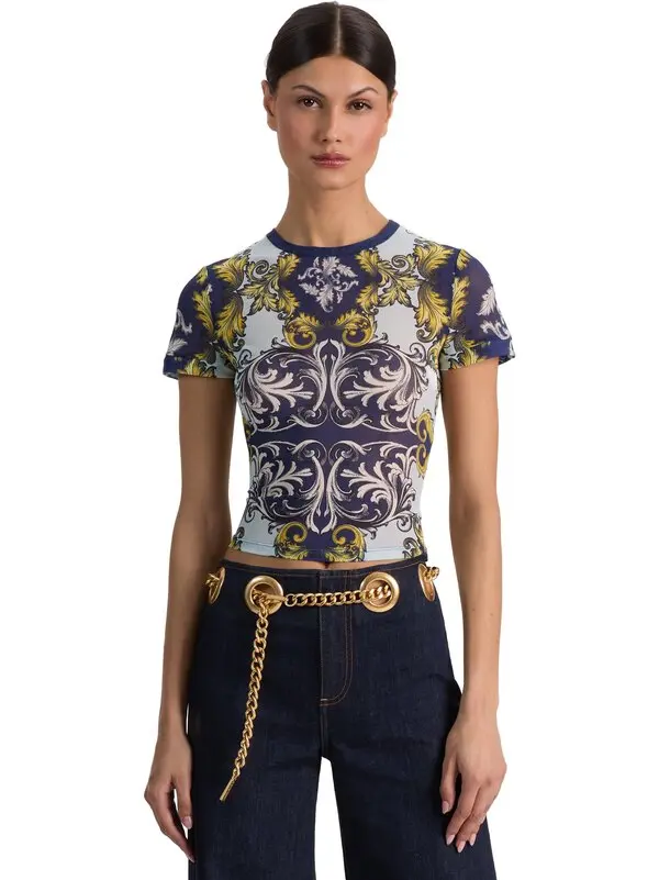 Alice + Olivia Tess Printed Mesh Cropped T-shirt - Antique Scroll