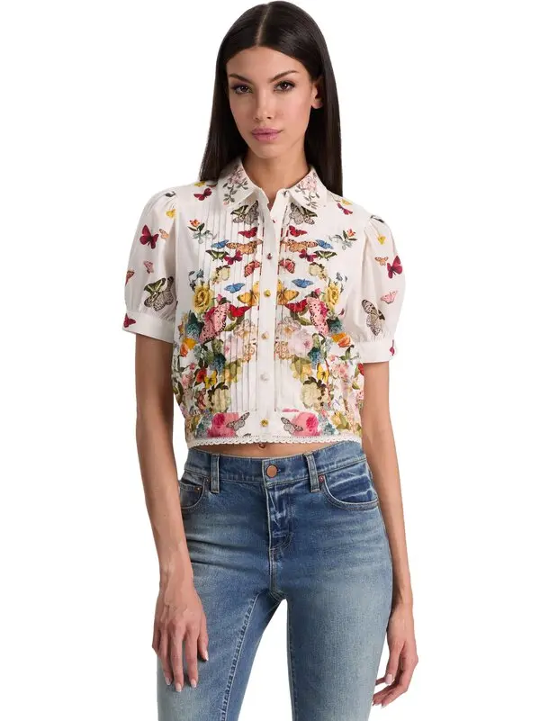 Alice + Olivia Rosie Cropped Butterfly Print Puff Sleeve Blouse - Solar Strength Off White