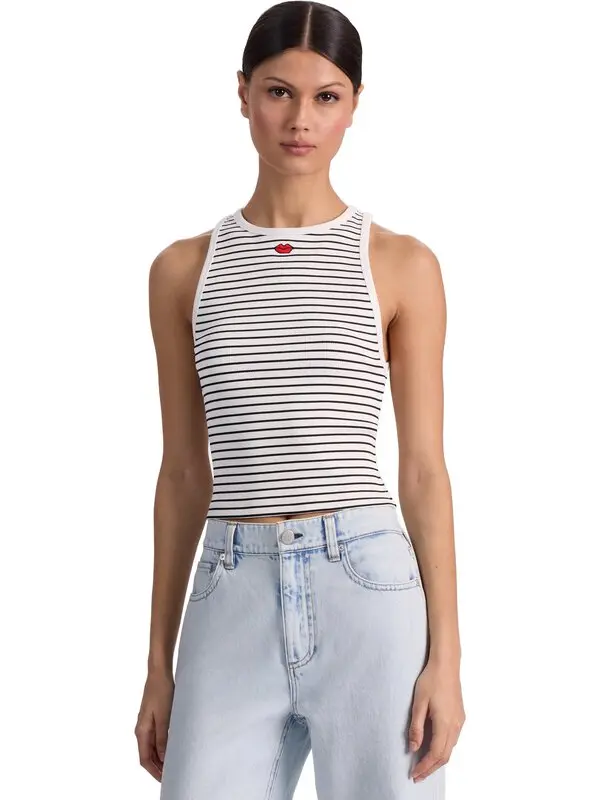 Alice + Olivia Allen Embroidered Striped Ribbed Tank Top - Off White/black Stripe