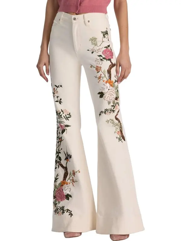 Alice + Olivia Embellished Wide-leg Jeans - Off White/multi