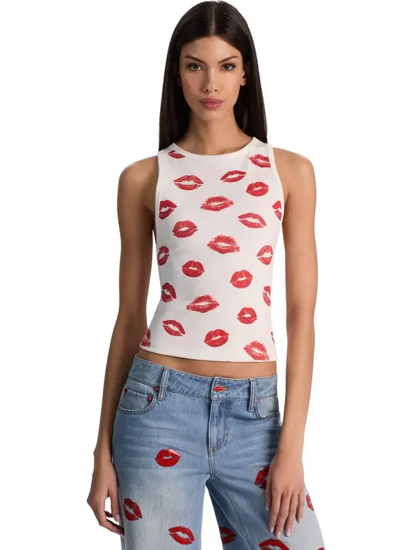 Alice + Olivia Ribbed Tank Top With Lip Print - Lips