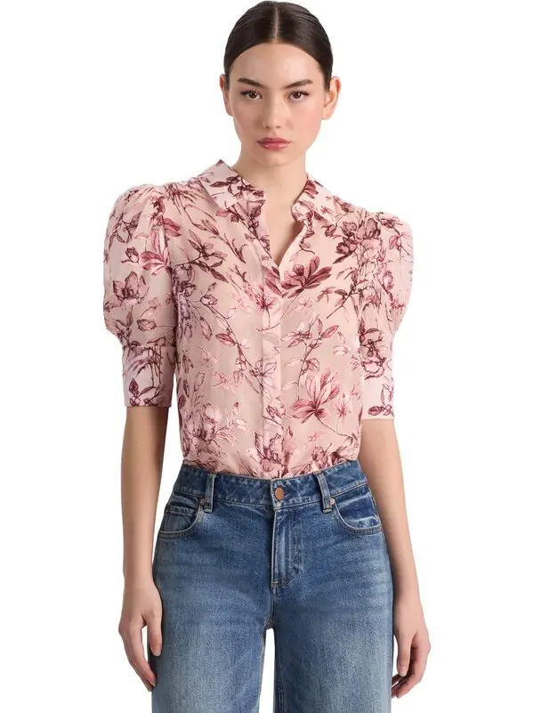 Alice + Olivia Willa Puff Sleeve Printed Silk Blouse - Mystic Garden English Rose