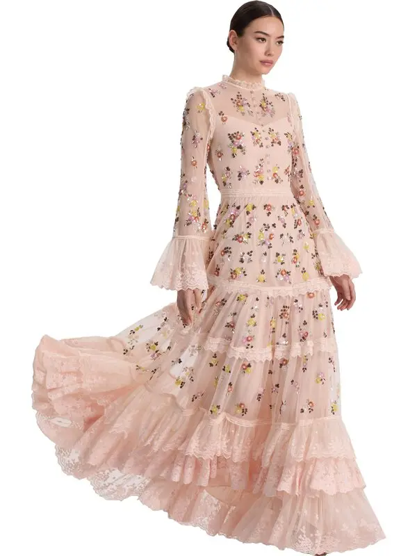 Alice + Olivia Allegra Embellished Lace Maxi Gown - Pale Pink