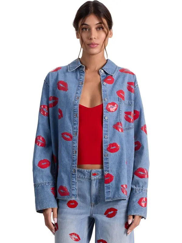 Alice + Olivia Finely Oversized Printed Button-down Shirt - Denver Bright Blue