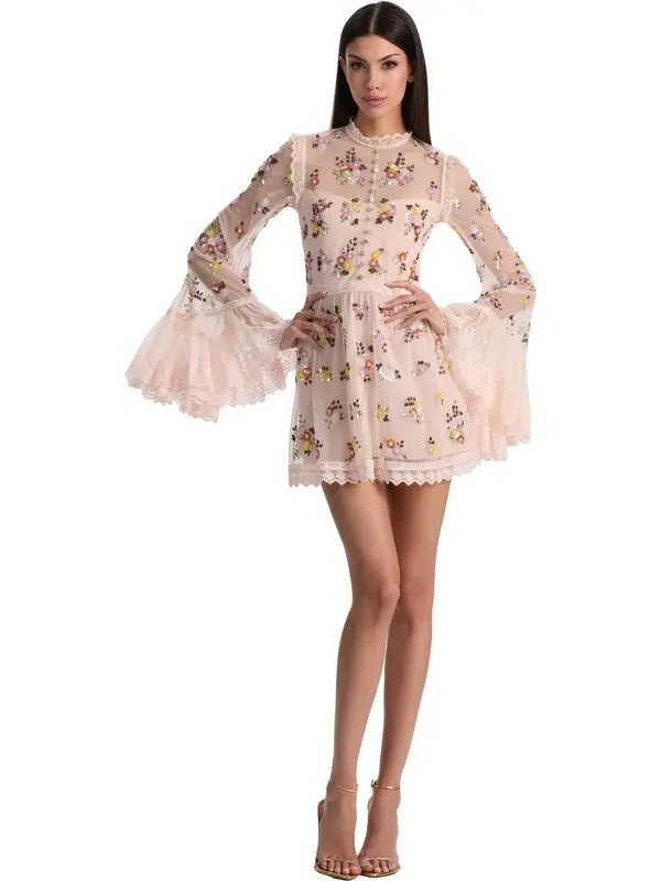 Alice + Olivia Allegra Embellished Lace Mini Gown - Pale Pink