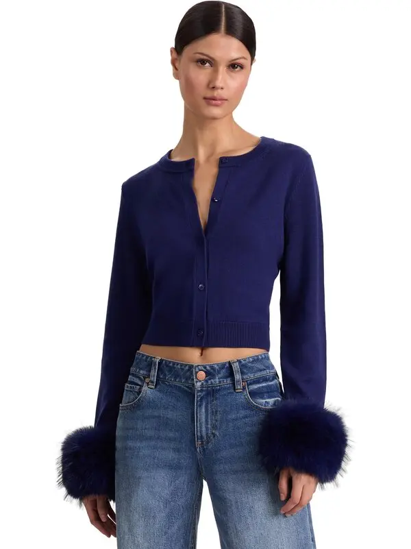 Alice + Olivia Dollie Faux Fur Cuff Cardigan - Midnight Blue